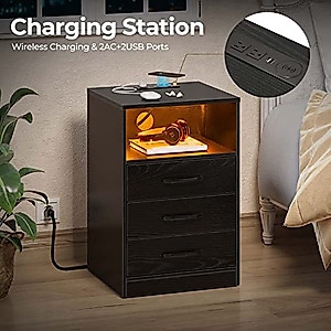 Seventable Nightstand with Wireless Charging Station and LED Lights, Modern End Side Table with 3 Drawers and Open Compartment for Bedroom, Black