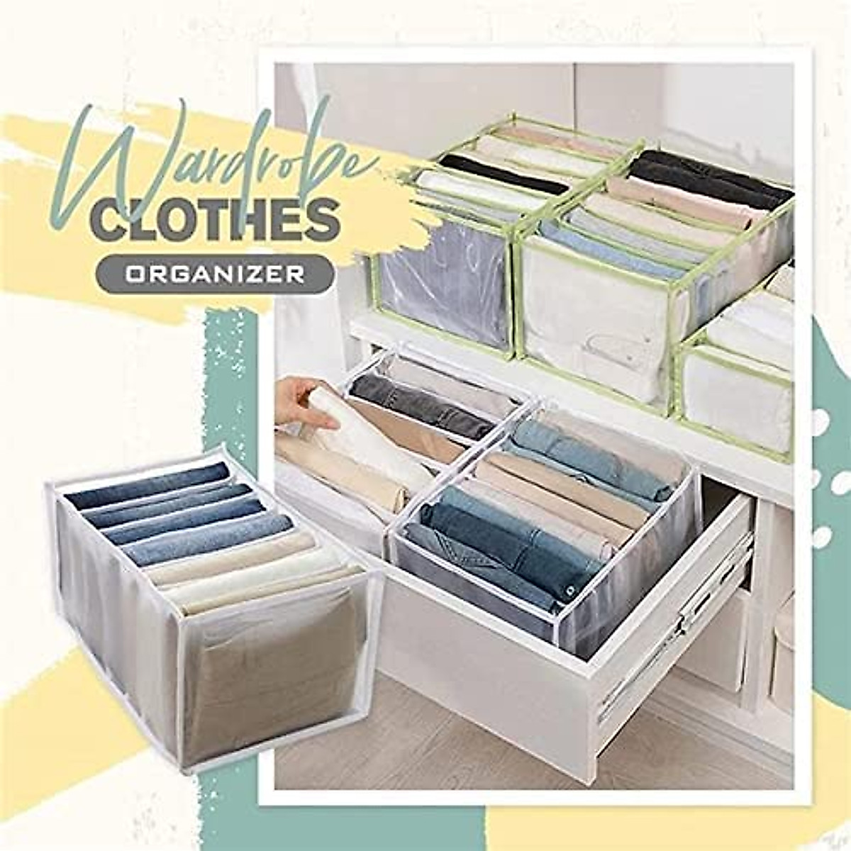 Aoser Wardrobe Clothes Organizer（5pcs）, 7 Grids Washable Wardrobe Clothes Organizer, Jeans Compartment Storage Box, Closet Organizers (1 Set of Mix)