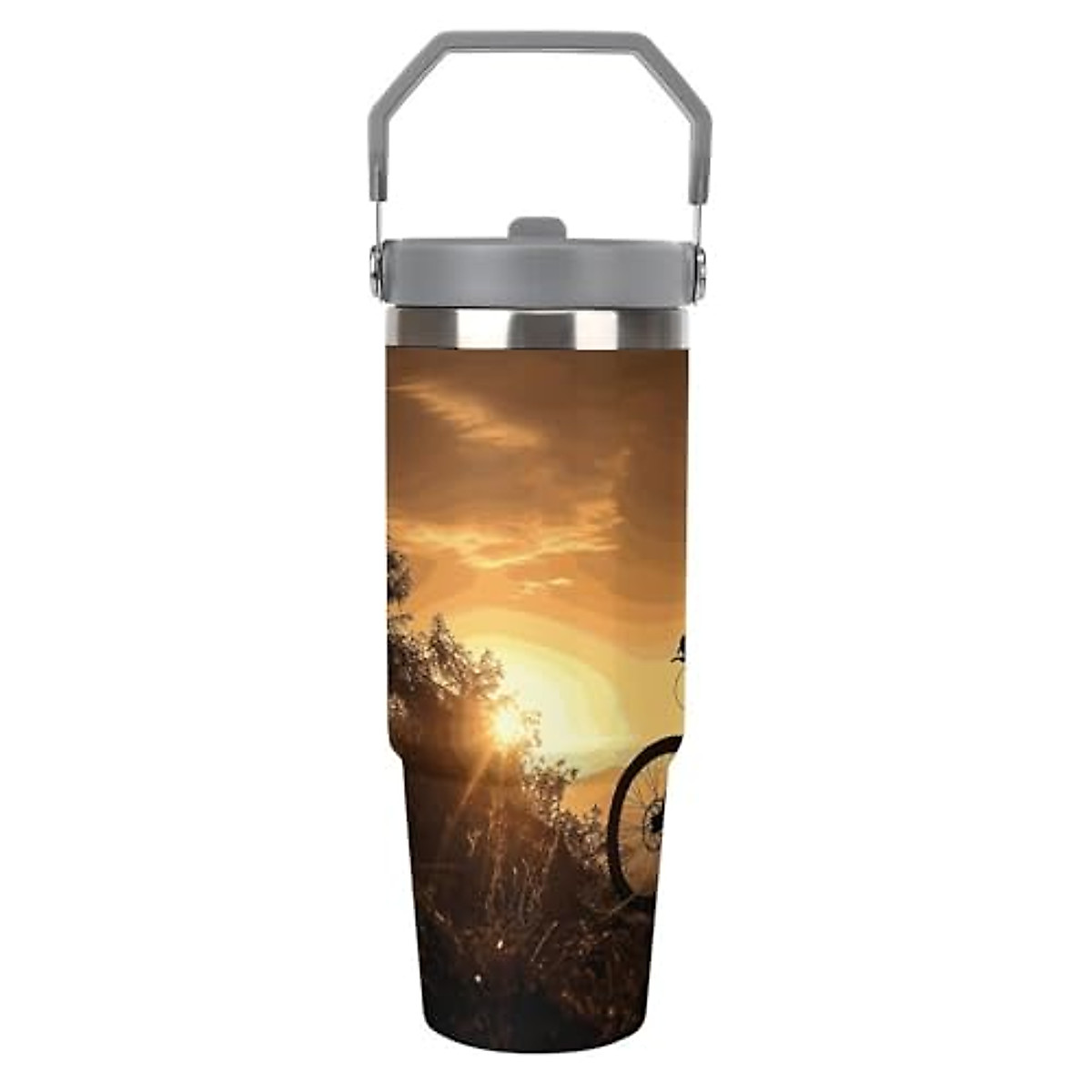 30oz Stainless Steel Insulated Tumbler with Flip Lid & Straw, Leakproof Travel Mug for Car, Mountain Bike in The Evening Double Wall Vacuum Thermal Coffee Cup with Handle, Spill-Proof Design for Hot/C