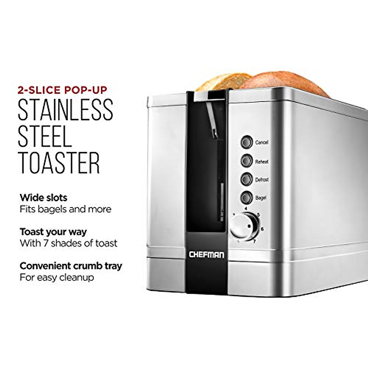 Chefman 2-Slice Pop-Up Stainless Steel Toaster w/ 7 Shade Settings, Extra Wide Slots for Toasting Bagels, Defrost/Reheat/Cancel Functions, Removable Crumb Tray, 850W, 120V, Silver