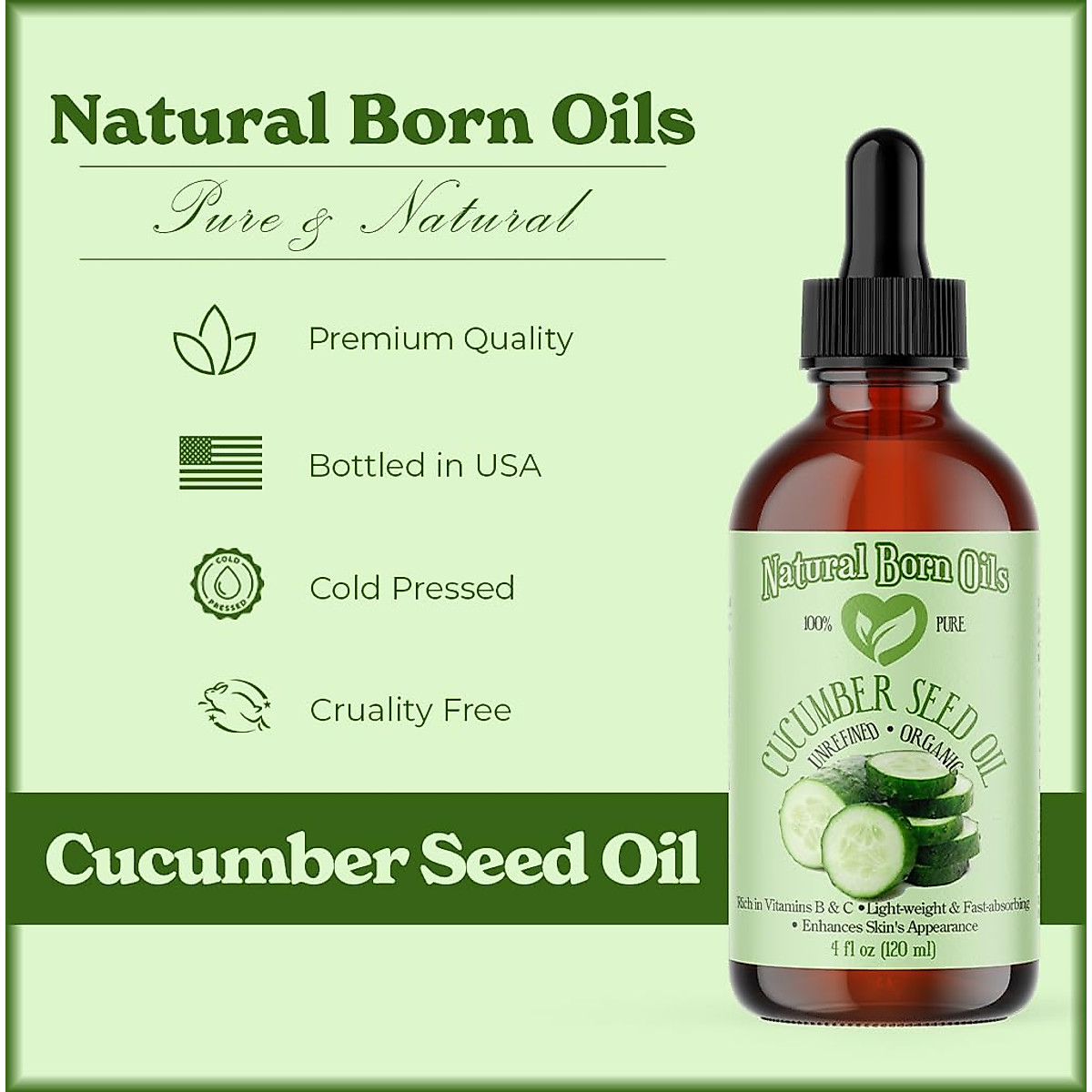 Natural Born Oils Cucumber Seed Oil. 4oz. 100% Pure and Natural, Organic, Cold-pressed, Unrefined, Moisturizer for Skin and Hair