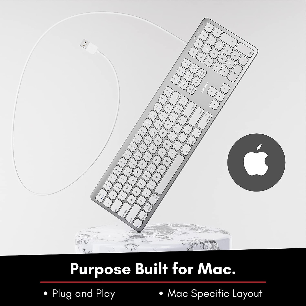 Macally Wired Keyboard for Mac - Compatible Apple Keyboard with USB Ports for Mouse - Full-Size Mac Keyboard with Number Pad - Plug & Play Keyboard for MacBook Pro/Air, iMac - Aluminum Frame