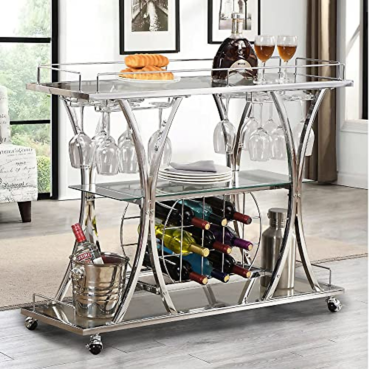 RARZOE Bar Serving Cart with Glass Holder&Wine Rack, Mobile Kitchen Serving Cart Wine Cart, 3-Tier Kitchen Trolley with Tempered Glass Shelves&Sliver-Finished Metal Frame for Home Dining Room(Silver)