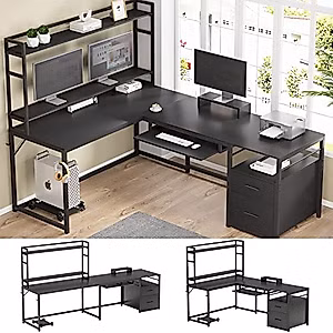 SEDETA L Shaped Desk with Hutch, Home Office Desk with File Drawers, 94.4 Inches Two Person Desk, Corner Computer Desk with Keyboard Tray, Monitor Stand, Storage Shelves, Gaming Desk, Black