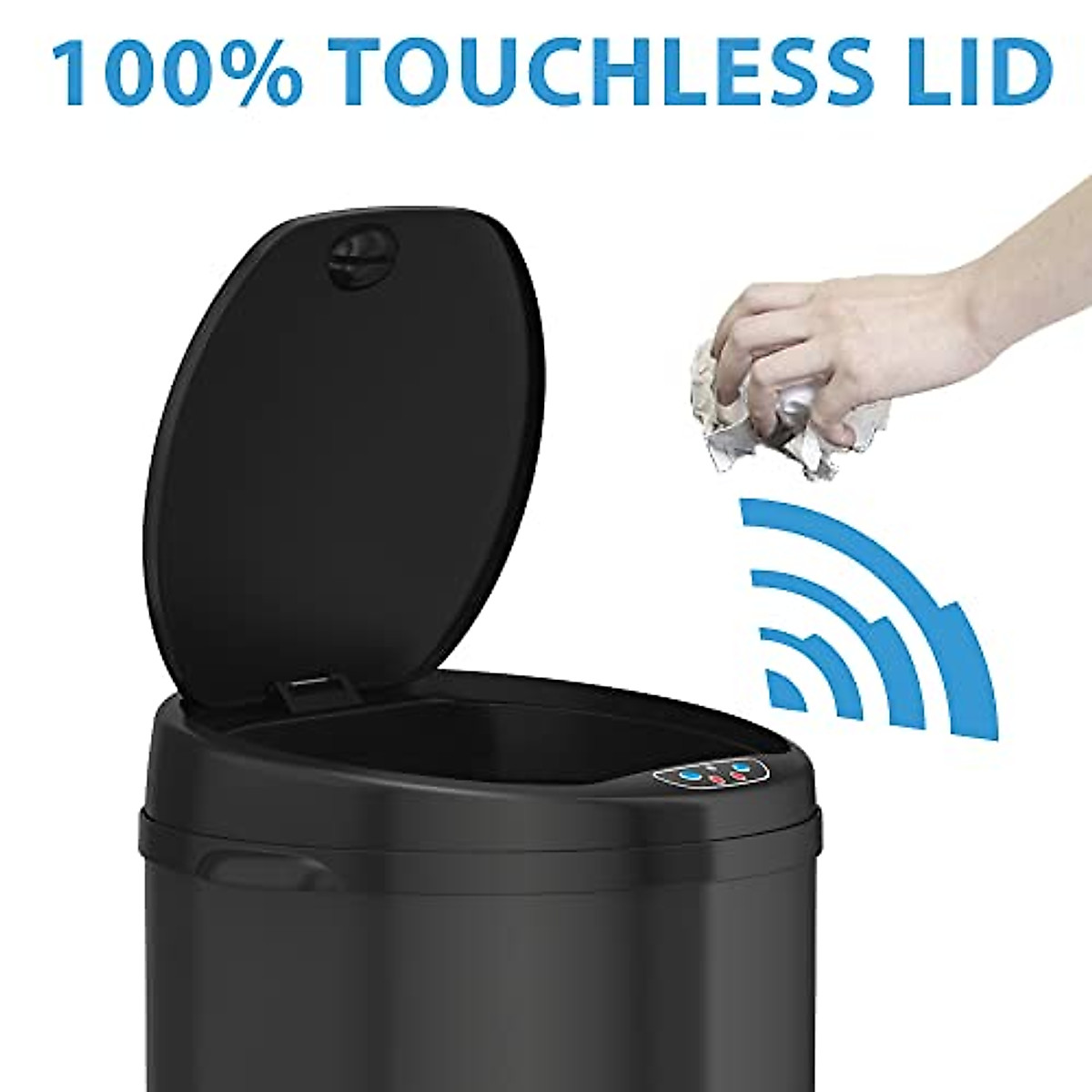 iTouchless 13 Gallon Touchless Sensor Trash Can with Odor Filter, Round Black Steel Garbage Bin, Perfect for Home, Kitchen, Office