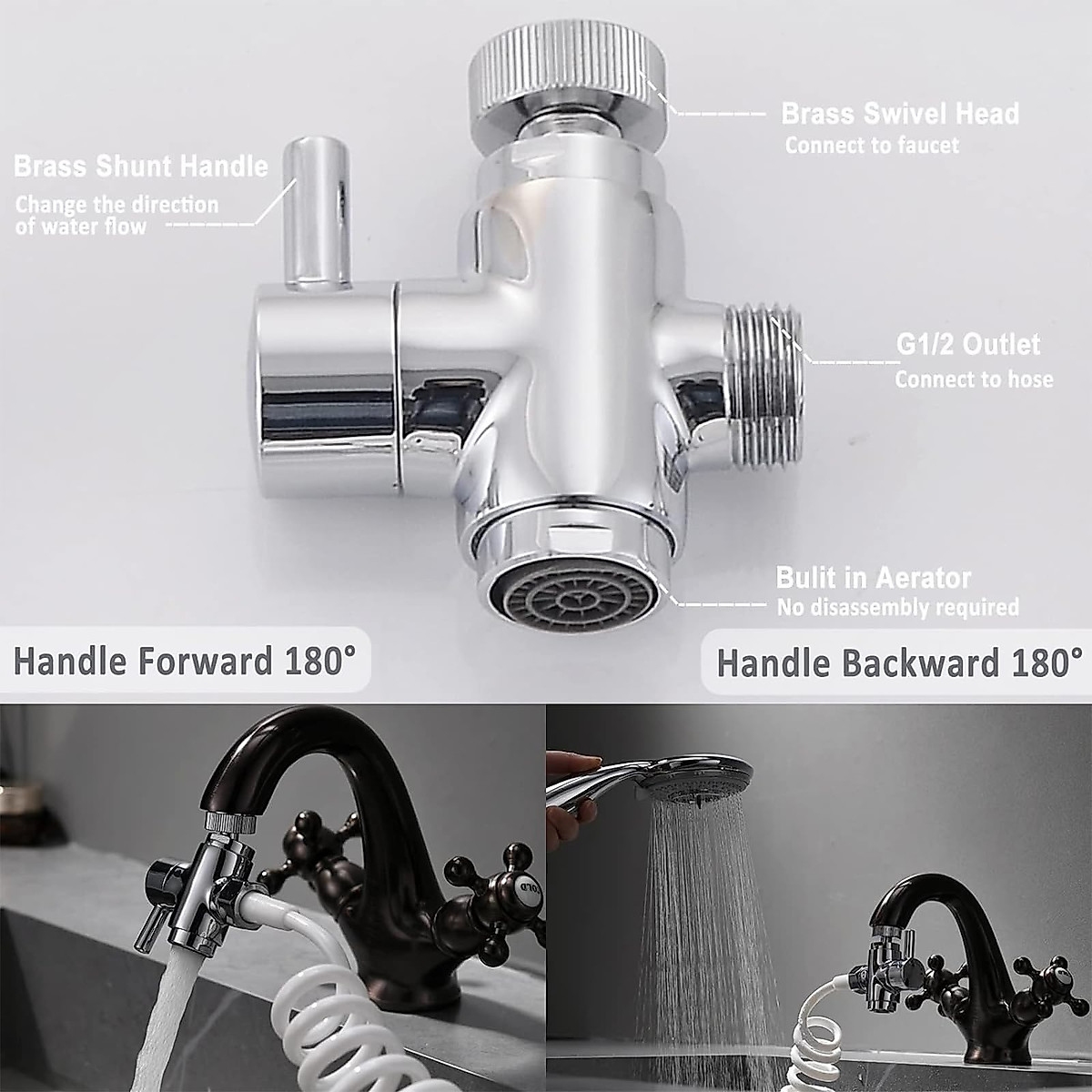 Brass Diverter Valve with Aerator, 3 Way Splitter with Male Thread Adapter, 360 Swivel Faucet Adapter for Sink Hose Attachment, Bathroom/Kitchen Faucet Connector (Chrome)