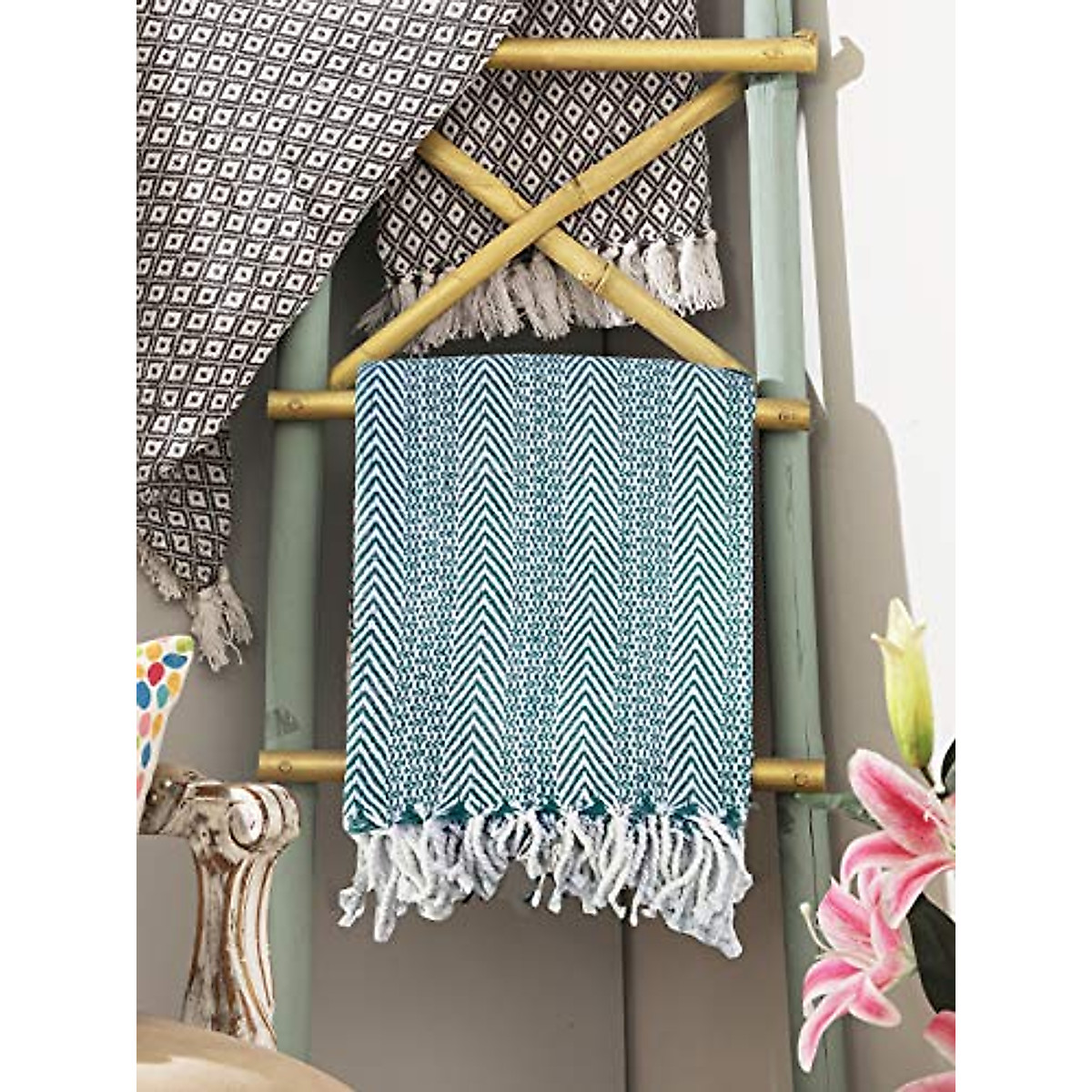 Farmhouse Throws Blanket with Fringe for Chair,Couch,Picnic,Camping, Beach,Throws for Couch,Everyday Use, Cotton Throw Blanket with Super Soft and Excellent Handfeel 50 x 60 -Teal White