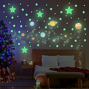 Glow in The Dark Stars and Planet Solar System Walls 109 Fluorescent Stars Stickers Decorative Kid's Bedroom Ceiling Christmas Birthday Gift for Girls and Boys