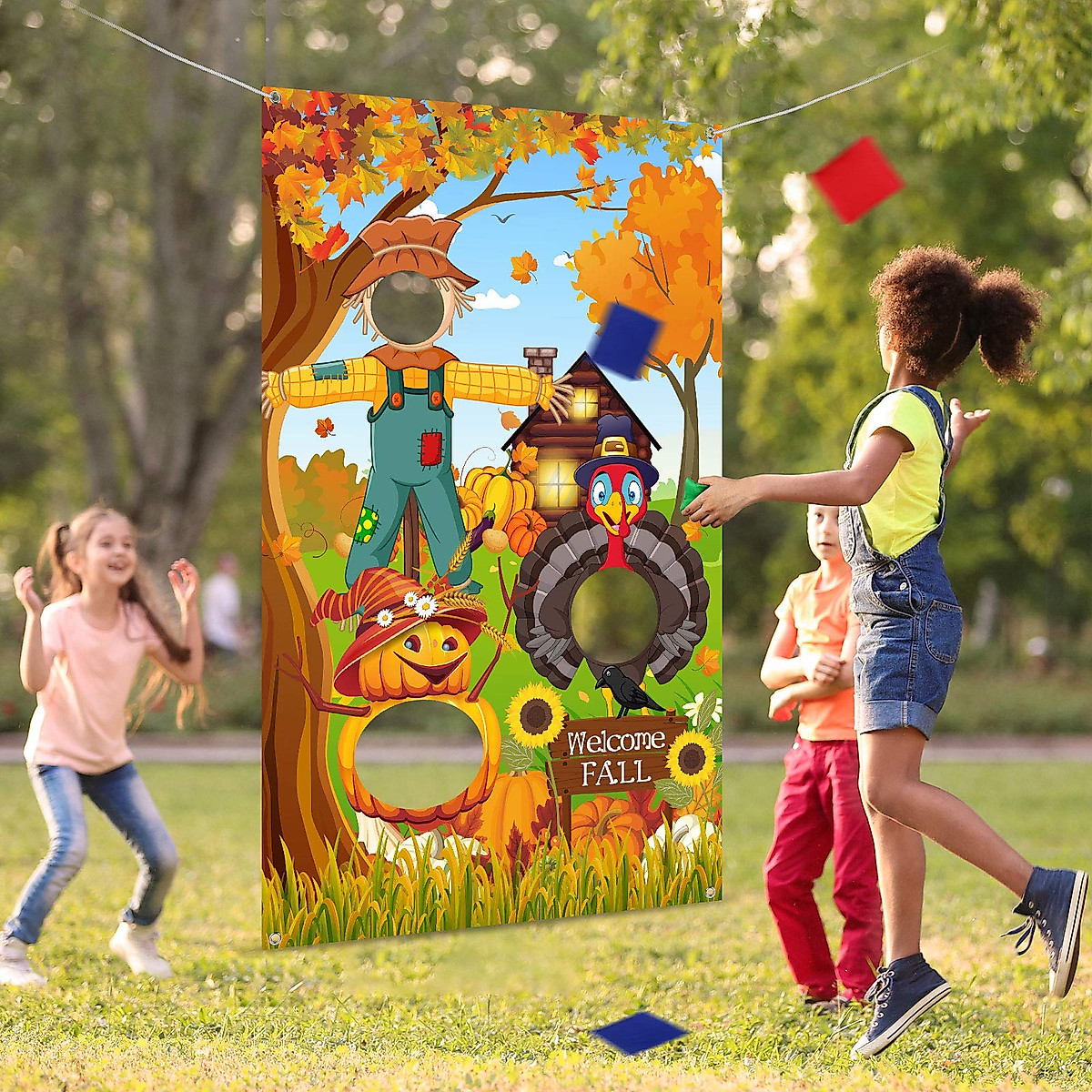 Thanksgiving Party Decorations, Thanksgiving Toss Game Turkey Pumpkins Sunflower Scarecrow Harvest Maple Leaves Background Autumn Forest Backdrop Natural Scenery Landscape Photo Background (Classic)