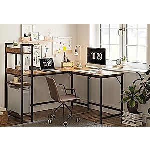 CubiCubi L Shaped Desk with Storage Shelves, Computer Corner Desk for Home Office, Writing Gaming Study Desk Table with Bookshelf, Space Saving, Brown
