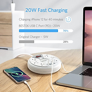 USB C Power Strip, BESTEK 6Ft Extension Cord with 6-Outlet 4 USB Ports(1 PD 20W USB C, 3 USB A), Surge Protector Power Strip with Overload Protection for Dorm, Home, Office, 220J