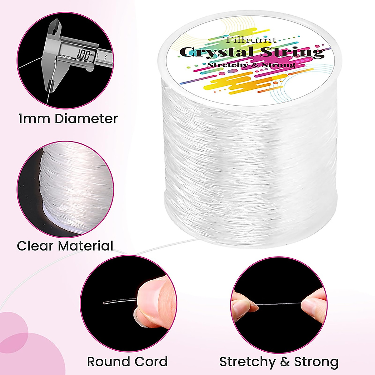 Tilhumt 1mm Elastic String, 328Feet Stretchy Bracelet Crystal String with 2 Beading Needles and 1 Scissors for Beading and Jewelry Making