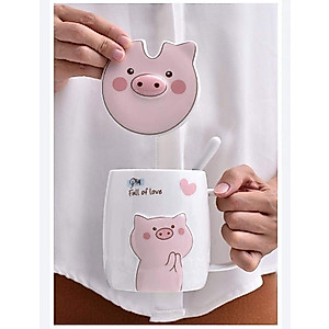 Ceramics Pig Relief Coffee Mug Water Tea Cup With Lid Spoon