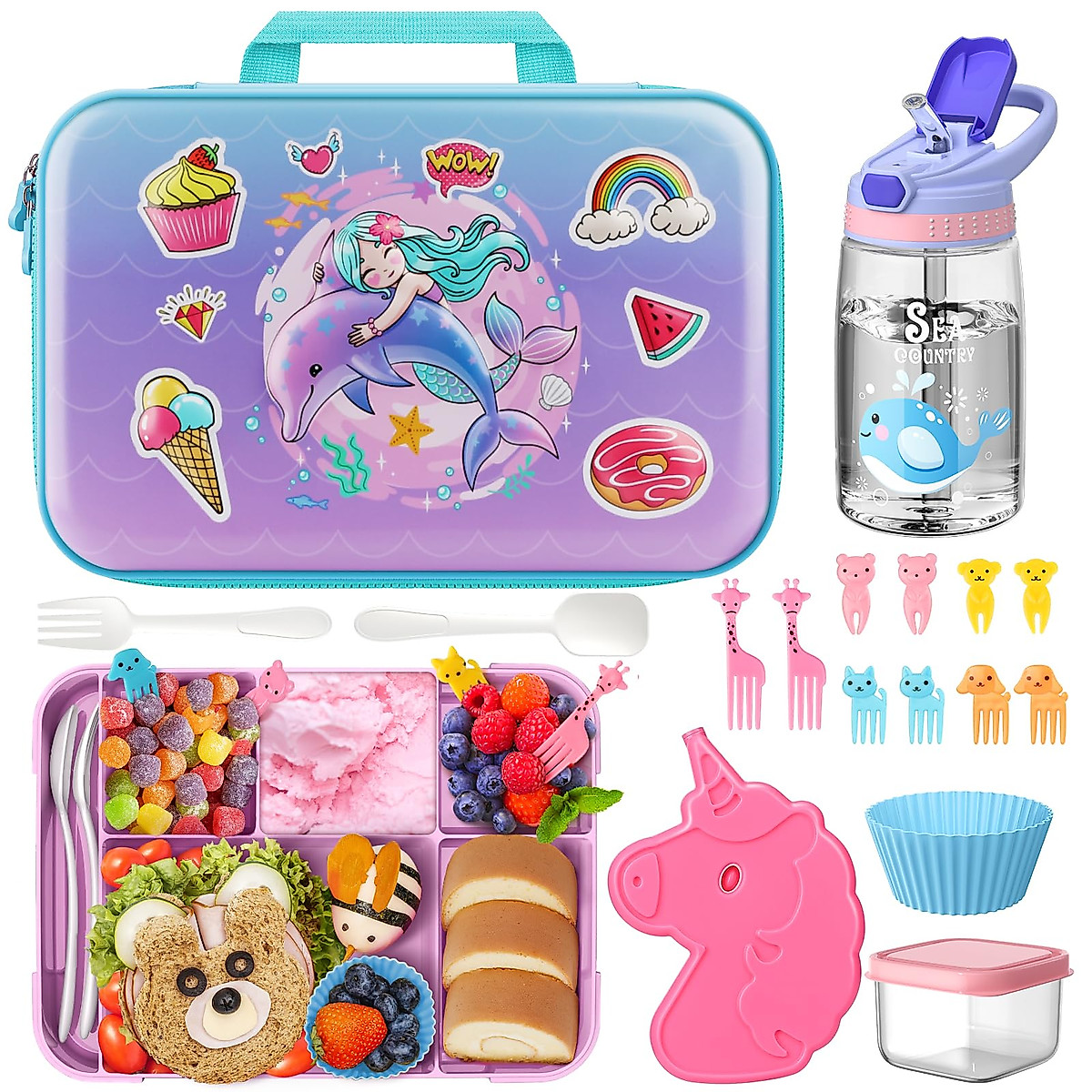 WayEee Lunch Box with Lunch Bag Bento Box Set for Girls - Insulated Lunch Bag with 4 Compartment Bento Box Water Bottle Ice Pack Silicon Cap Salad Container for Kids Back to School Ideal for Age 6-15
