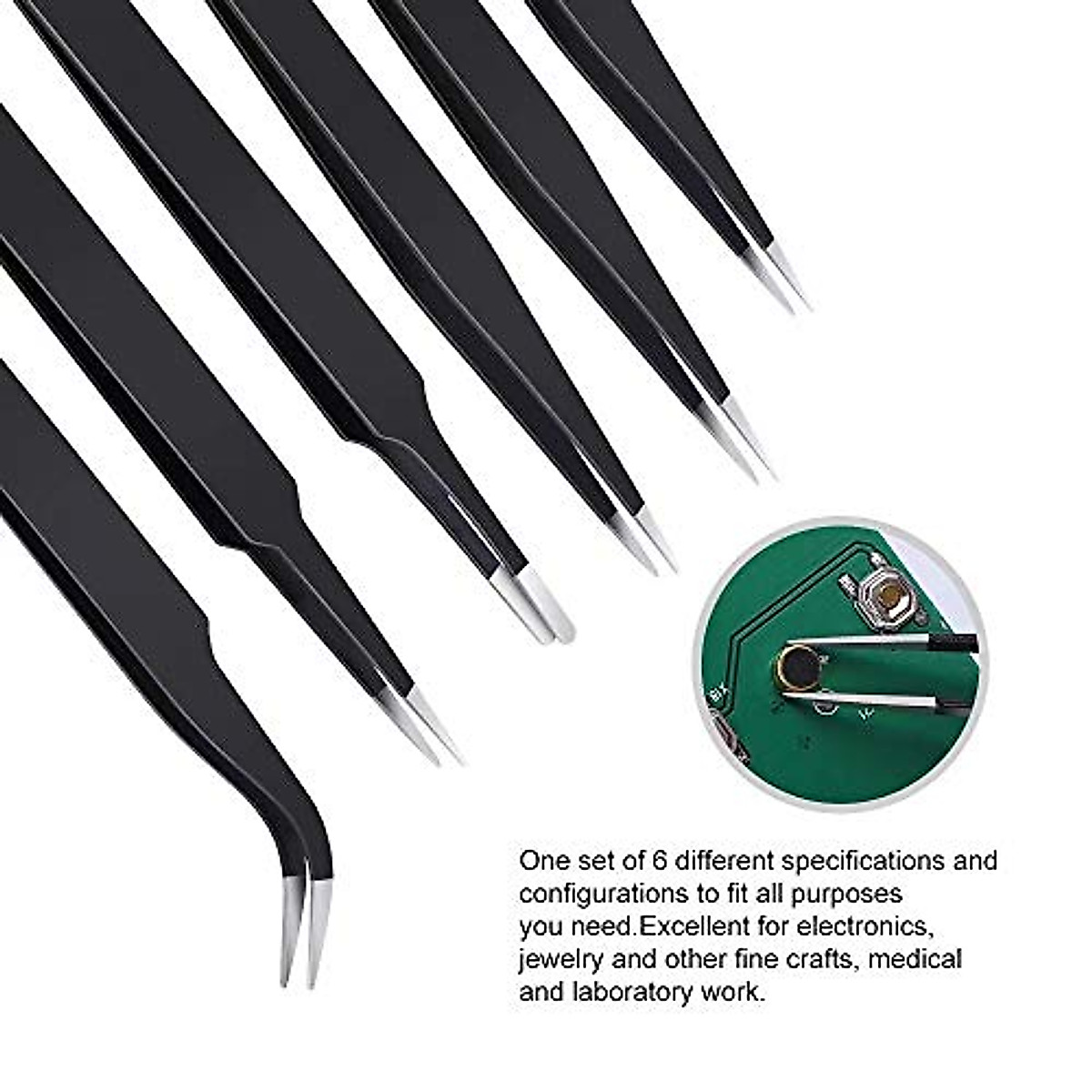 6PCS Precision Tweezers Set, Upgraded Anti-Static Stainless Steel Curved of Tweezers, for Electronics, Laboratory Work, Jewelry-Making, Craft, Soldering, etc, by kaverme.