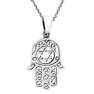 AeraVida Hamsa or Hand of God with the Star of David .925 Sterling Silver Pendant Necklace | Jewish Star of David in Hamsa Hand Pendant | Jewelry Gift