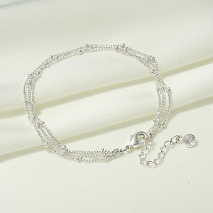 Fettero 14K Gold Bracelet for Women Gold Plated Bracelet Dainty Chain Gold Beaded Bracelet Paperclip/Curb/Figaro/Satellite Chain Adjustable Bracelet Jewelry -Satellite 3 Layer Sliver