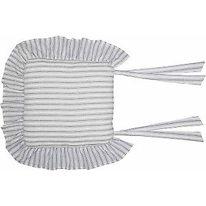Piper Classics Timeless Ticking Ruffled Chair Pad, 16" L x 16" W, Soft White and Gray Ticking Stripes, Vintage Farmhouse Chic Seat Cushion