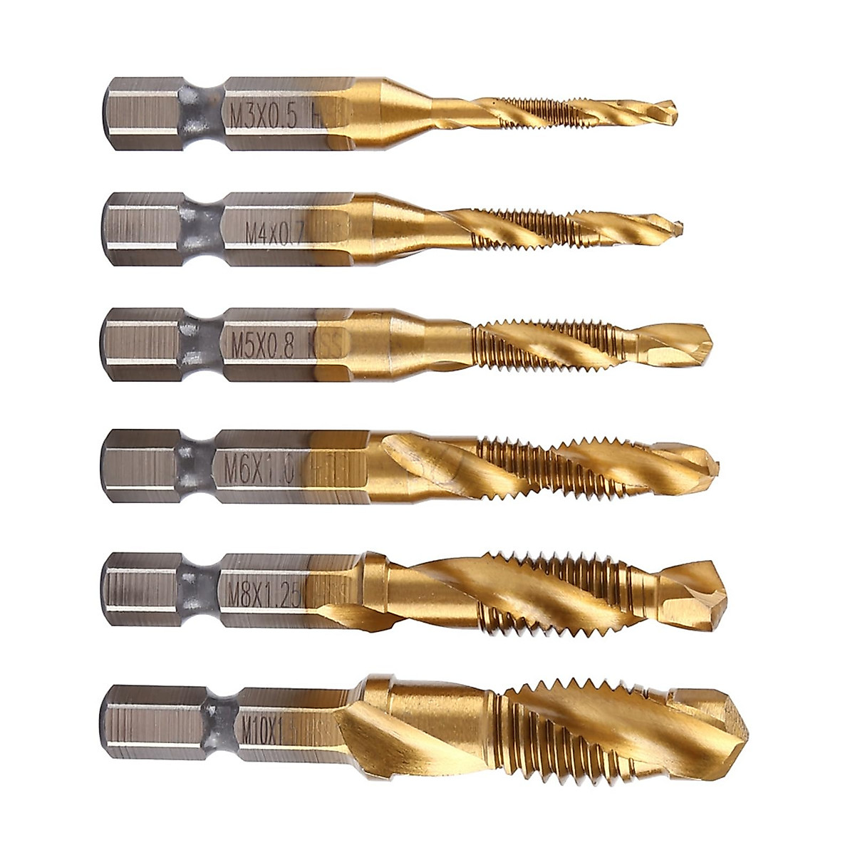 6 Pack Titanium Combination Drill Tap Bits Set, Metric HSS M3-M10 Screw Tapping Countersink Bit Tool, 1/4inch Hex Shank Screw Taps Tool Set