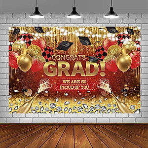 AIBIIN 7x5ft Congrats Grad Backdrop Red Gold Glitter Diamond Graduation Photography Background Class of 2023 Celebration Prom Party Decorations Congratulations on Graduation Banner Photoshoot Props