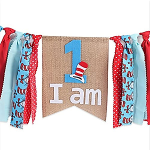Dr. Seuss Inspired Birthday Banner - High Chair Banner Photo Props, 1st Birthday High Chair Banner, I Am 1, Turquoise Blue Red Dot Cat in Hat Dr Seuss Inspired Chevron Ribbon Lace Themed Party Decor High Feet Chair, Dr. Seuss Cat in Hat, Garland/banner Ph