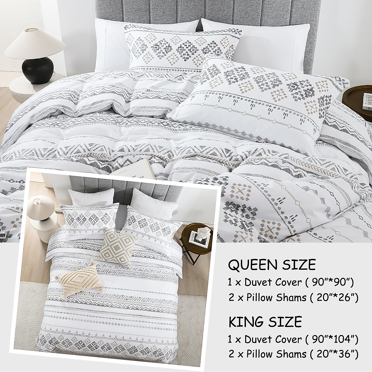 Bedduvit Boho Duvet Cover King - 100% Cotton King Duvet Cover Set for All Season,3 PCS Soft and Breathable Bohemian Summer Duvet Cover King with Zipper Closure & 8 Corner Ties