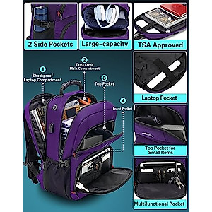 ProEtrade Travel Backpack, Extra Large Laptop Backpack School Business Anti Theft TSA Approved College Work Computer Bag Fits 17 Inch Laptop with USB Charging Port Bookbag for Women Men(Purple)