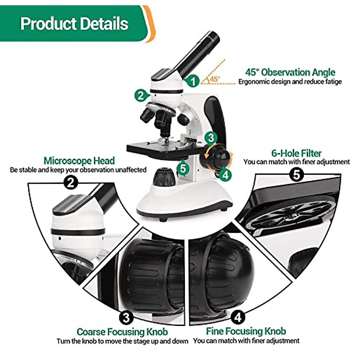 BNISE Microscope kit for Kids and Students, 40X-2000X Magnification, Prepared Slides Kit, Dual LED Illumination, All Glass Optics, and Cordless Capability for Children Beginner