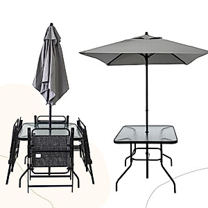 TURRIDU Set of 6 Outdoor Dining Set for 4 People, Metal Patio Furniture with 1 Tempered Glass Table & 4 Folding Chair & 1 Foldable Umbrella for Backyard Garden Patio, Black