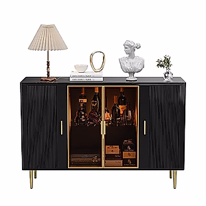 IKIFLY Modern Sideboard Buffet Cabinet with Storage, 47" Kitchen Storage Cabinets with Glass Doors and Shelves, LED Lights, Coffee Bar Cabinet for Dining Room, Kitchen, Hallway, Living Room, HU9156