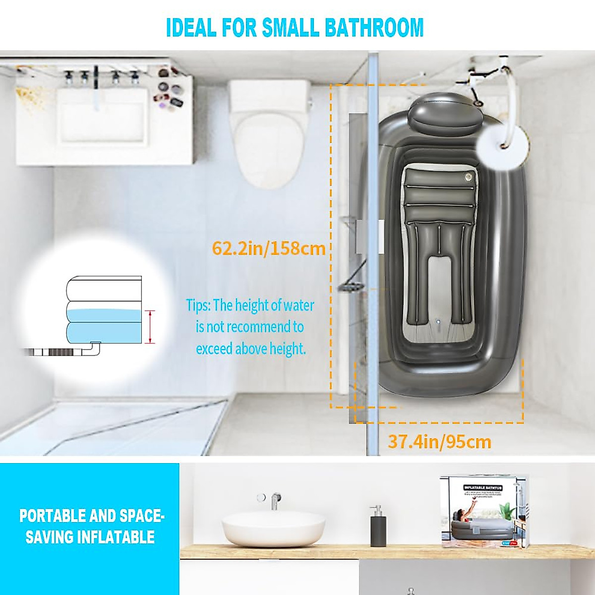 INFLATOAST Portable Bathtub Adult,Ice Bath Tub For Athletes,Inflatable Bathtub Including Air Pump,Easy To Inflate＆Drainage,Cold Plunge Tub,Portable Tub For Home SPA,Hot Bath＆Ice Bath (dark grey)