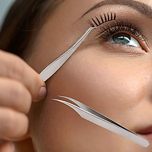 Eyelash Extension Tweezers Set of 2 pieces straight & curved Lash Extension Precision Tweezers, Professional Stainless Steel Precision Tweezers set