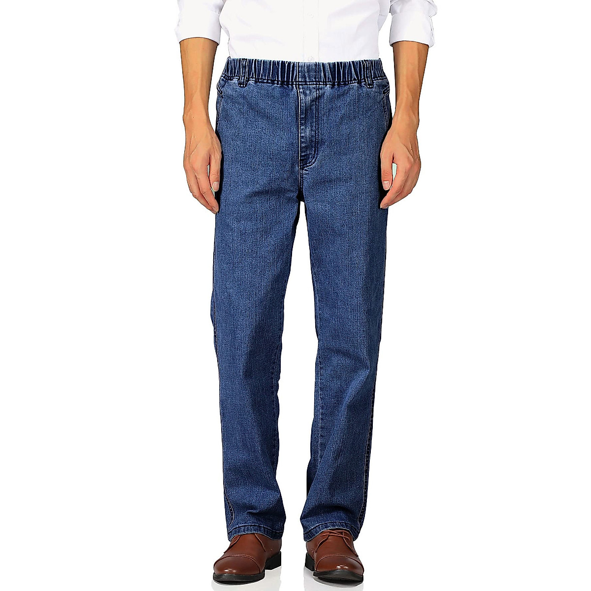 Soojun Mens Casual Loose Fit Elastic Waist Jeans Denim Pants, Indigo, 32W x 28L