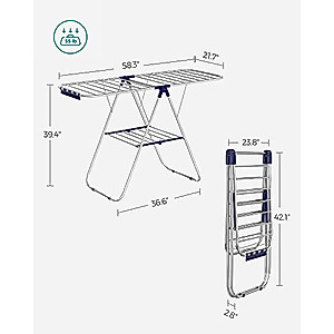 SONGMICS Clothes Drying Rack, with Bonus Sock Clips, Stainless Steel Gullwing Space-Saving Laundry Rack, Foldable for Easy Storage, Silver