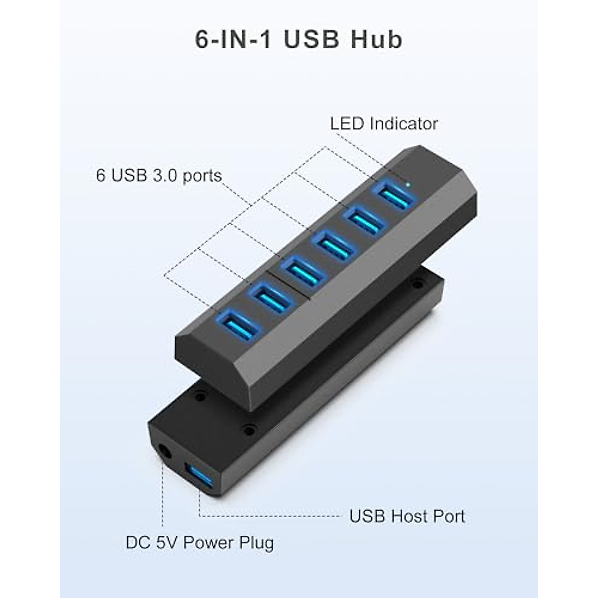 USB Hub, Aiibe 6 Ports Super High Speed USB 3.0 Hub Splitter + 10W Power Adapter + USB 3.0 Cable, Black Smart Fast Charger Powered USB Hub for Laptop, Mac, PC, Mobile HDD, Mulitple Devices