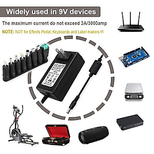 9V 3A Power Cord Adapter Supply Universal 27W Wall Charger with 8 Tips for Video Camera Monitor Speaker Tablets Recorder Router Arduino Schwinn Elliptical Exercise Bike Medela Pump