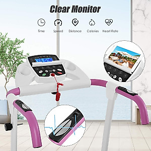 Goplus 800W Folding Treadmill Electric Motorized Power Fitness Running Machine with LED Display and Mobile Phone Holder Perfect for Home Use (Pink)