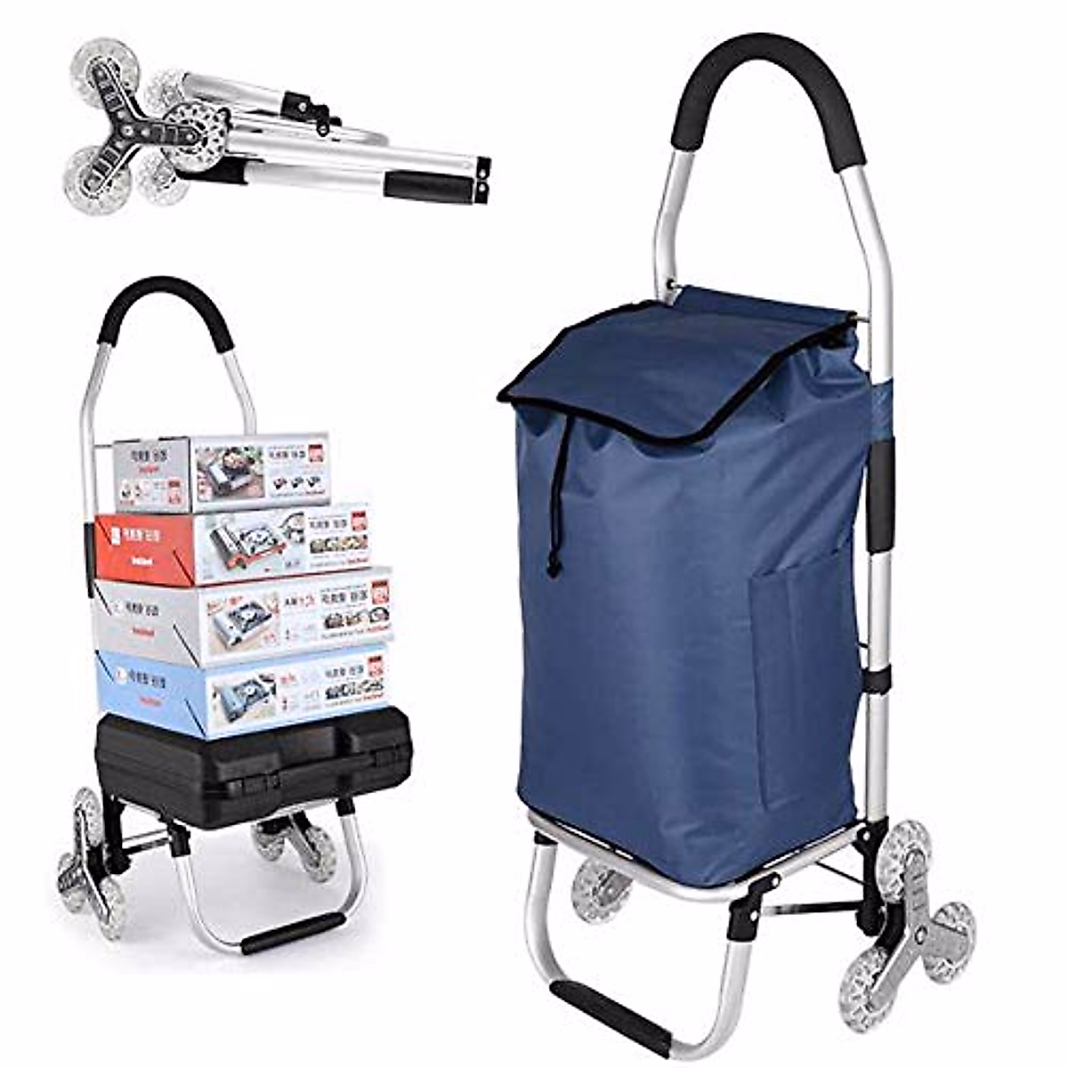 ATAAY Shopping Trolley, 2in1 Folding Shopping Cart & Hand Truck Super Loading 50kg - Labor Saving for Stair Climbing with Adjustable Bungee Cord (B: Blue)