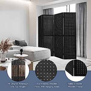 JVVMNJLK 4-Panel Pegboard Display Room Divider, Wood Folding Privacy Screen Freestanding Display Board Organizer for Retail, Craft Show, Art Display，Black