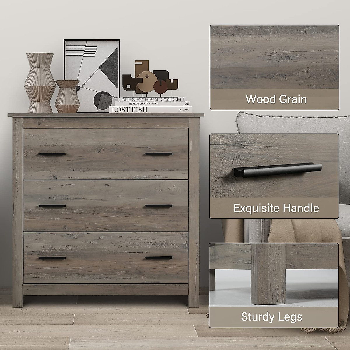 LTMEUTY Wooden Bedroom Set - 3 Pieces Dresser and Night Stands with Drawers, Bedroom Storage Chest of Drawers, Farmhouse Style Bedroom Furniture, Grey