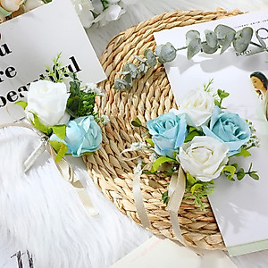 Yunlly 2 Pcs Boutonniere Wrist Corsage Set Artificial Rose Corsage Wristband Boutonniere Flower Decor Wrist Corsage for Men Women Bride Bridesmaids Wedding Accessories Prom Suit Decor (Blue, White)