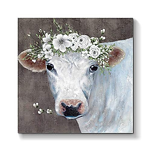White Cow Picture Wall Art: Abstract Animal Artwork Painting on Canvas for Bathroom (12" W x 12" H, Multiple Sizes/Material)