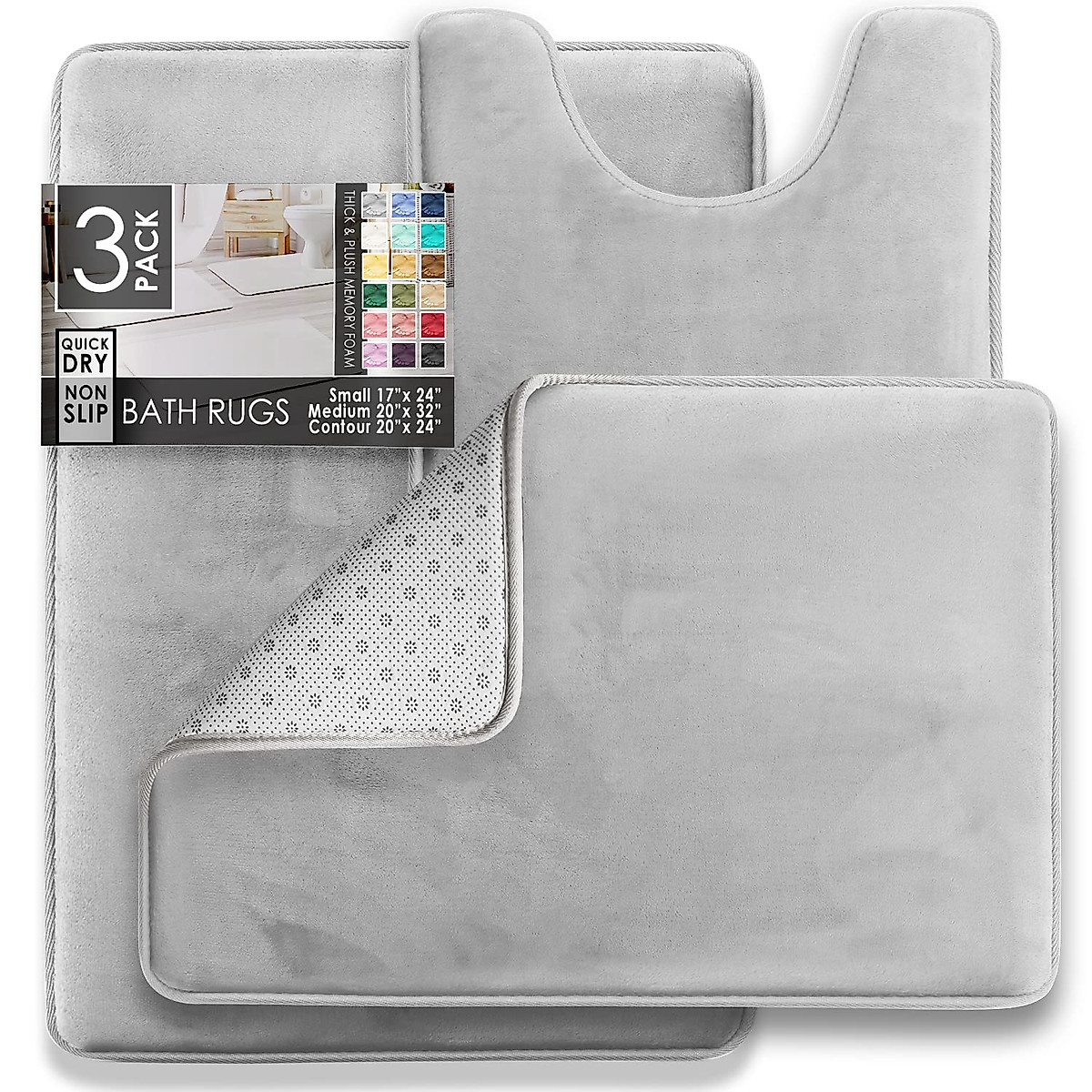 Clara Clark 3 Piece Bathroom Rugs Bath Mat Set, Velvet Memory Foam Bath Mats for Bathroom - Non-Slip, PVC Backing Bath Rugs, Washable Bathroom Rug Mats - Dries Quickly, Silver Bathroom Rug Set