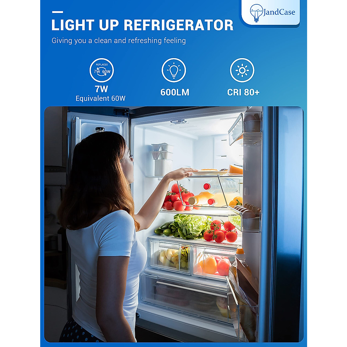 JandCase Refrigerator Light Bulbs, E26 Base A15 Appliance Bulbs 7W Equivalent 60W, Daylight White 5000K Fridge Light Bulbs, Non-Dimmable, UL Listed, 2 Pack