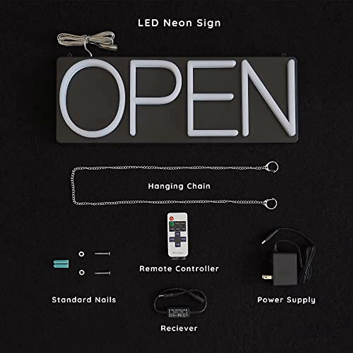 HiNeon White Neon Open Sign 20inx7in LED Open Sign w/Remote Controller, Electric Light Up Open Sign for Business Store, w/Hanging Chain for Shop Windows, Direct Plug-In w/ 12V Power Adapter