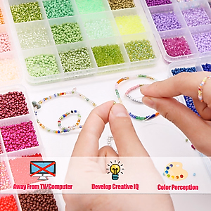 EuTengHao 57600pcs 2mm Glass Seed Beads Small Craft Beads for DIY Bracelet Necklaces Crafting Jewelry Making Supplies with Beading Needles Elastic Strings (144 Colors, 400Pcs Per Color)