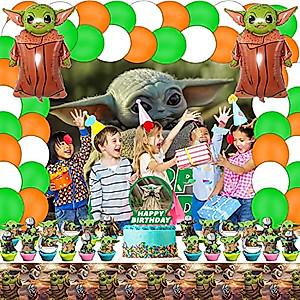 Baby Inspired Yoda Birthday Party Supplies, Party Decorations Including Foil Balloons, Latex Balloons, Cake Toppers, Backdrop and Tablecloth for Kids Baby Inspired Yoda Party Decorations