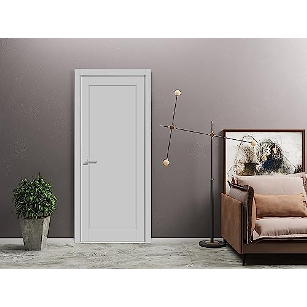 Solid French Door 36 x 80 inches | Quadro 4111 Matte Grey | Single Regular Panel Frame Trims Handle | Bathroom Bedroom Sturdy Doors
