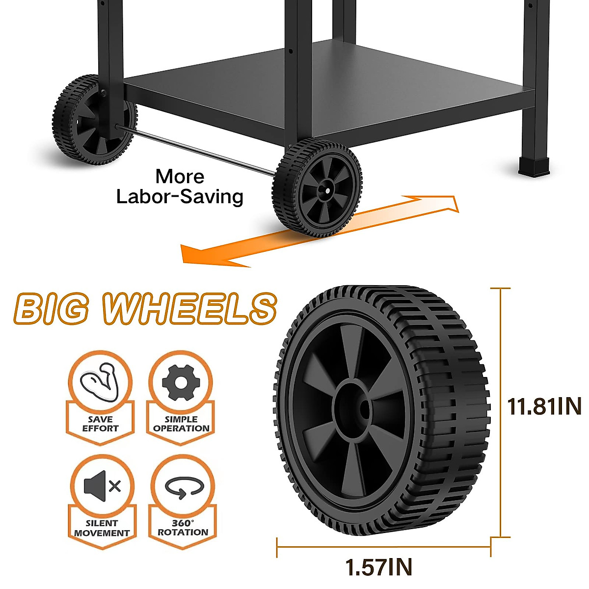 Blomed Dining Cart Table with Double-Shelf, Grill Cart with Wheels, Movable Steel Flattop Worktable, 6 Hooks, Side Handle, BBQ Cart Pizza Oven Stand
