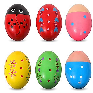 6 Pack Wooden Shakers Easter Eggs, Special Design Musical Shake Egg for Toddlers Kids Toy Easter Basket Stuffers Fillers Gifts
